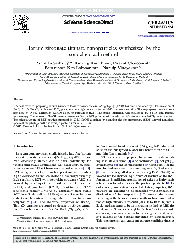 (PDF) Barium zirconate titanate nanoparticles synthesized by the ...