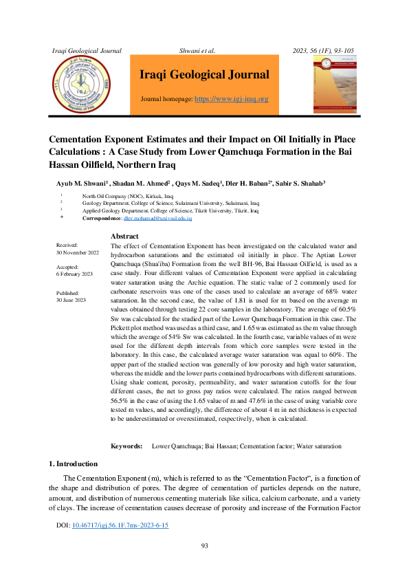 (PDF) Cementation Exponent Estimates and their Impact on Oil Initially ...