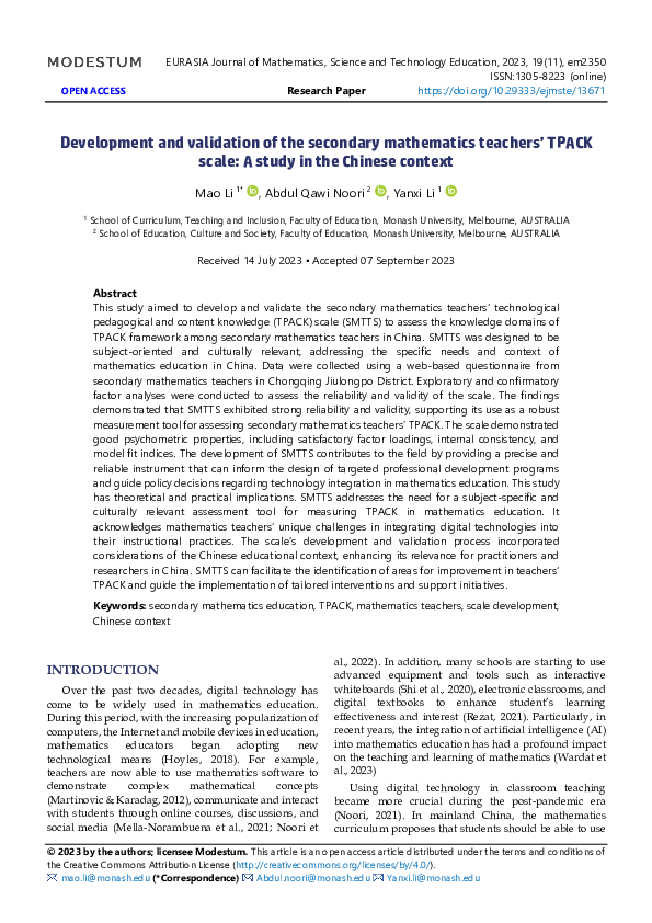 (PDF) Development and validation of the secondary mathematics teachers’ TPACK scale: A study in ...