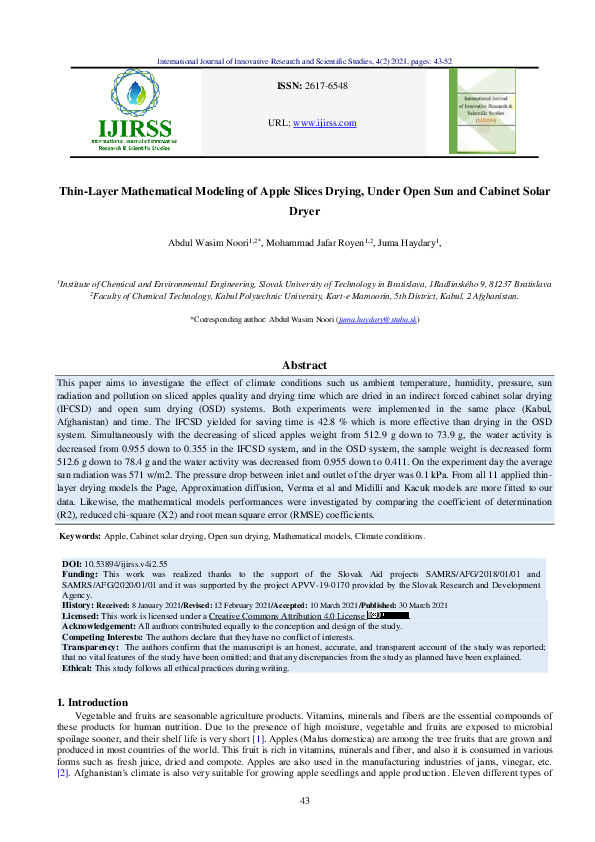 (PDF) Thin-layer mathematical modeling of apple slices drying, using open sun and cabinet solar ...