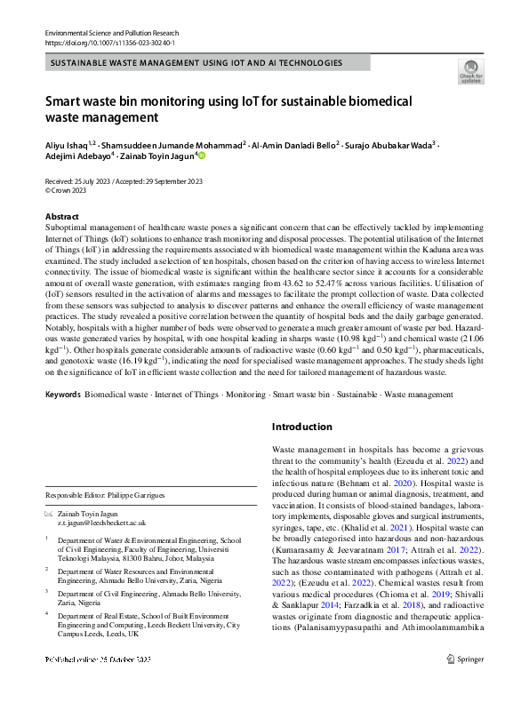 (PDF) Smart waste bin monitoring using IoT for sustainable biomedical ...