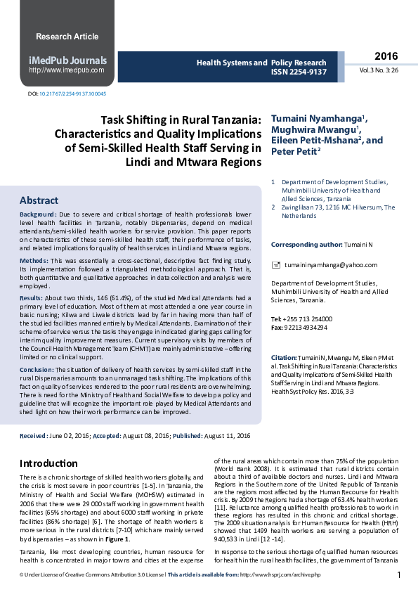 (PDF) Task Shifting in Rural Tanzania: Characteristics and Quality ...