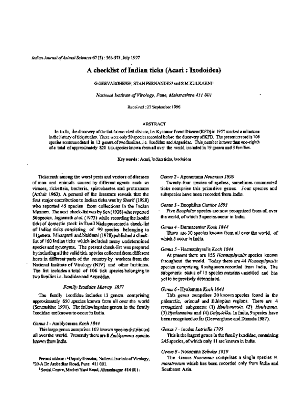 (PDF) A Checklist of Indian Ticks (Acari : Ixodoidea)