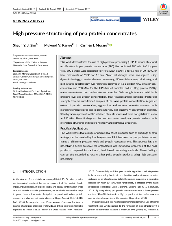 (PDF) High pressure structuring of pea protein concentrates