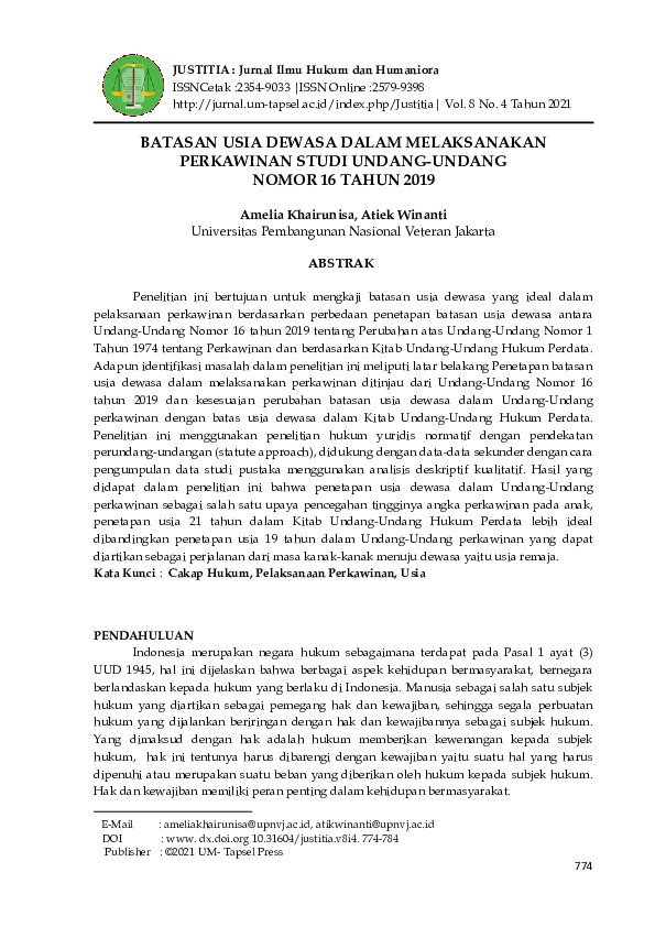 Pdf Batasan Usia Dewasa Dalam Melaksanakan Perkawinan Studi Undang