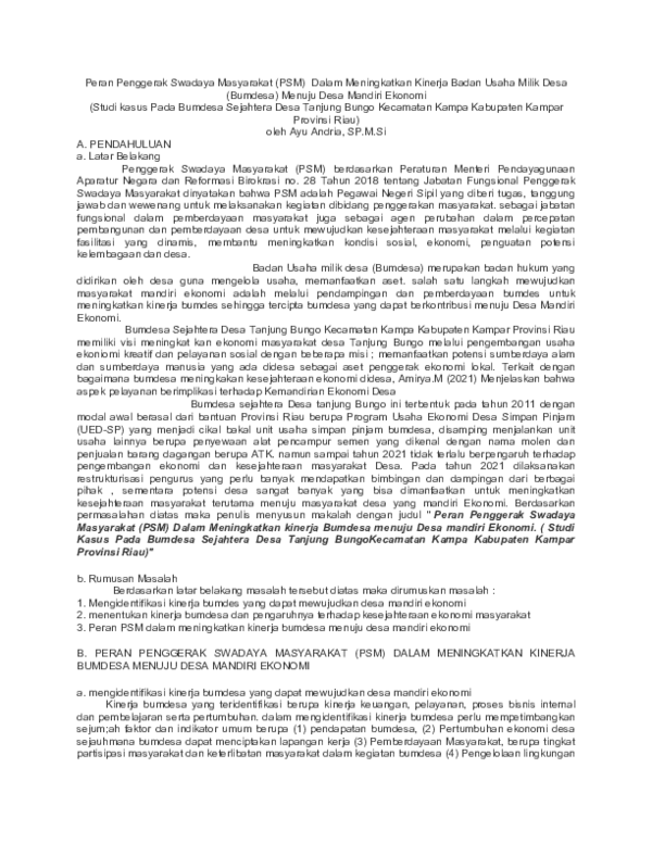 (DOC) Peran Penggerak Swadaya Masyarakat Dalam Peningkatan Kinerja Bumdesa Menuju Desa Mandiri ...