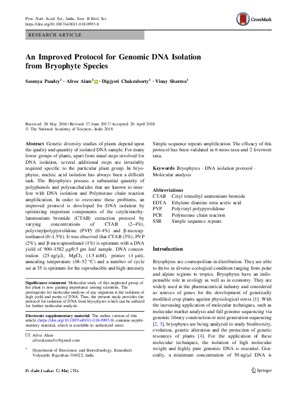 (PDF) An Improved Protocol for Genomic DNA Isolation from Bryophyte Species