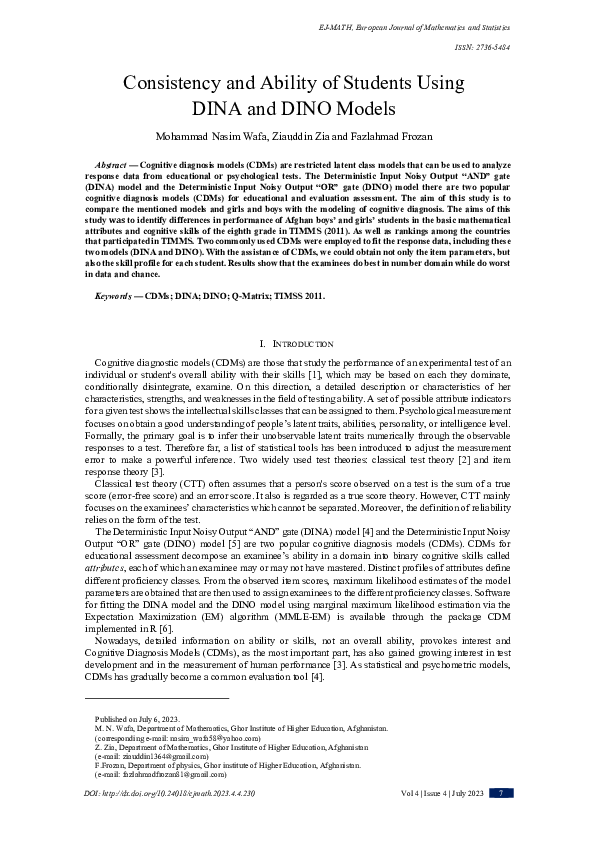 (PDF) Consistency and Ability of Students Using DINA and DINO Models