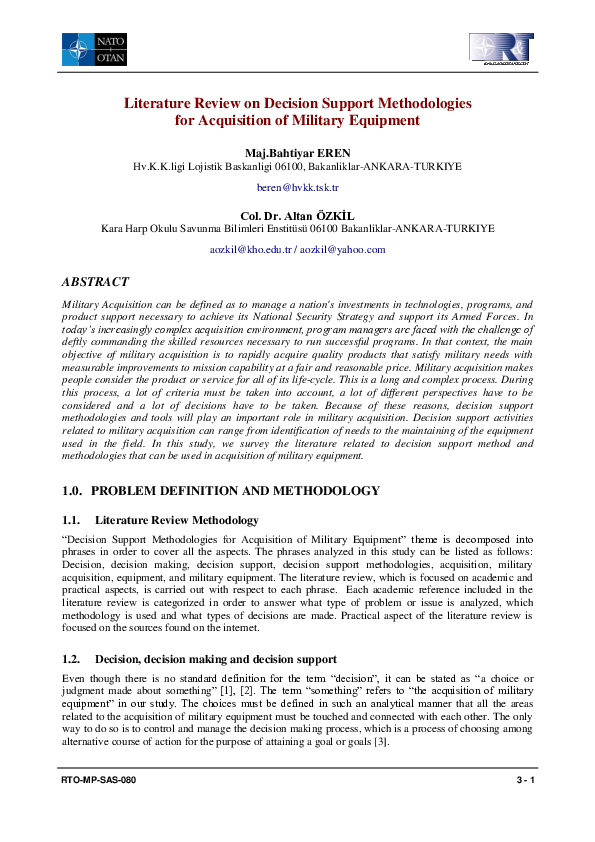 (PDF) Literature Review on Decision Support Methodologies for Acquisition of Military Equipment