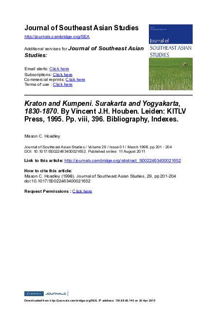 (PDF) Kraton and Kumpeni. Surakarta and Yogyakarta, 1830-1870. By ...