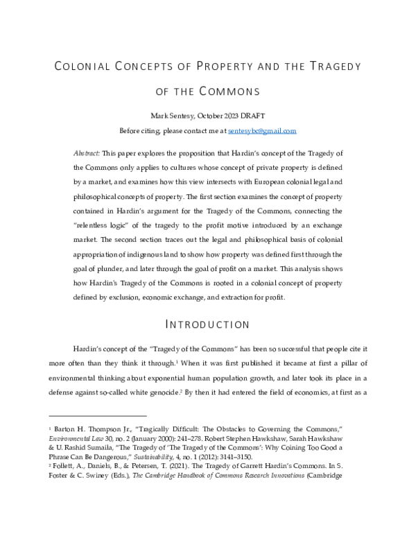 (PDF) Colonial Concepts of Property and the Tragedy of the Commons
