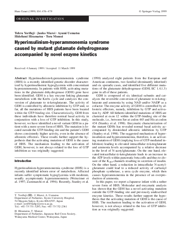 (PDF) Hyperinsulinism/hyperammonemia syndrome caused by biallelic ...