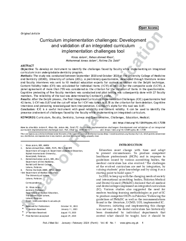 (PDF) Curriculum implementation challenges: Development and validation ...