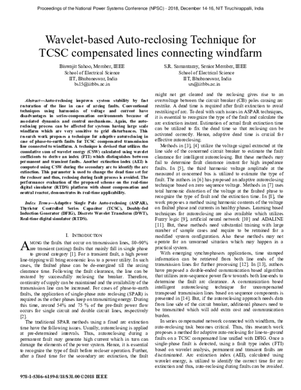 (PDF) Wavelet-Based Auto-Reclosing Technique for TCSC Compensated Lines Connecting Windfarm