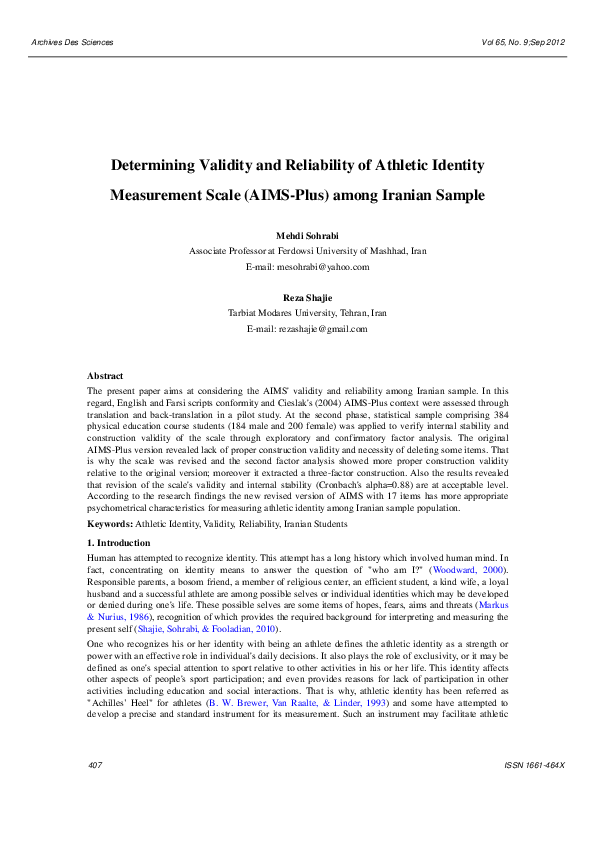 (PDF) Determining Validity and Reliability of Athletic Identity Measurement Scale (AIMS-Plus ...