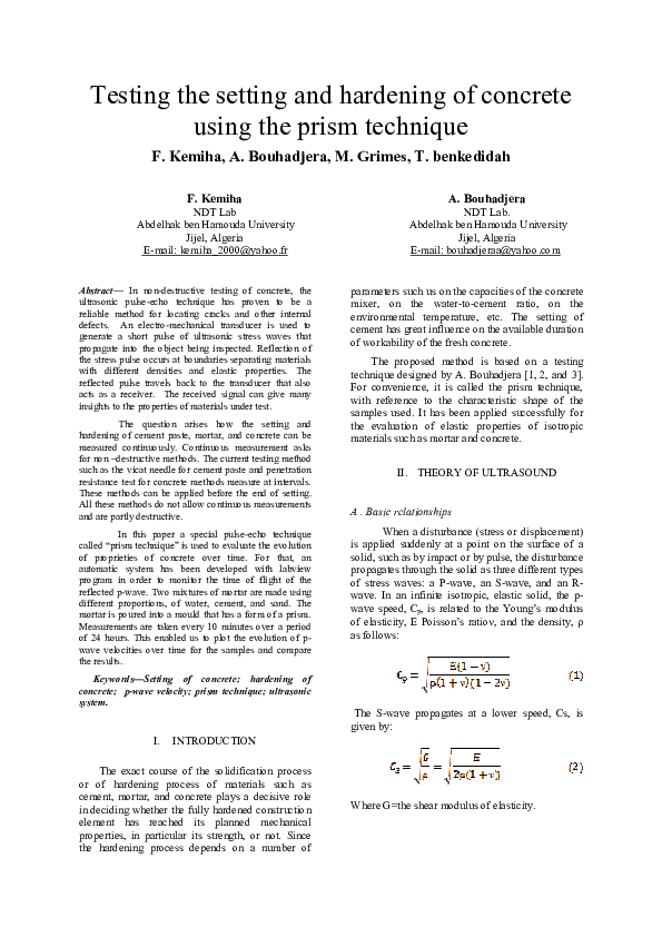 (PDF) Testing the Setting and Hardening of Concrete Using the Prism ...