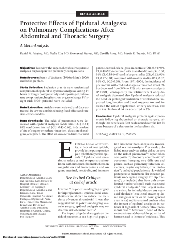 (PDF) Protective Effects of Epidural Analgesia on Pulmonary ...