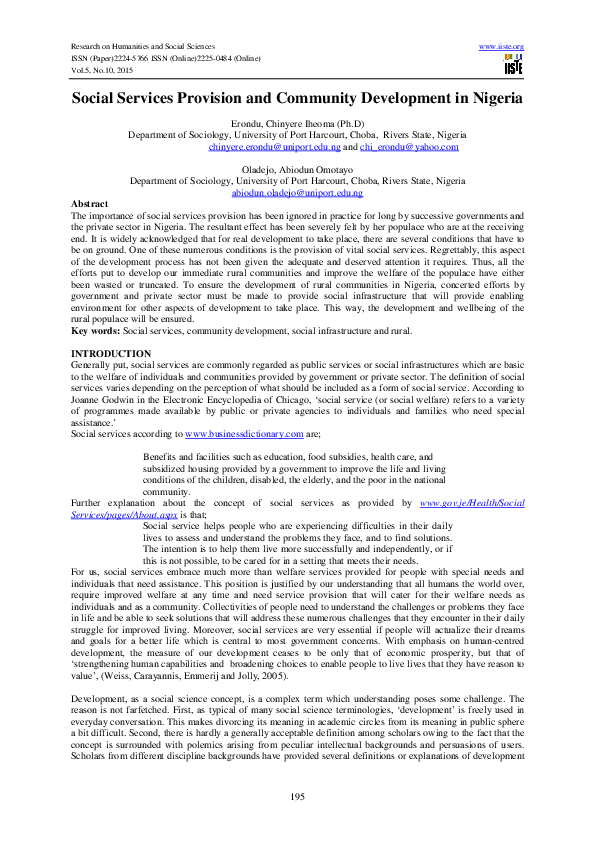 (PDF) Social Services Provision and Community Development in Nigeria
