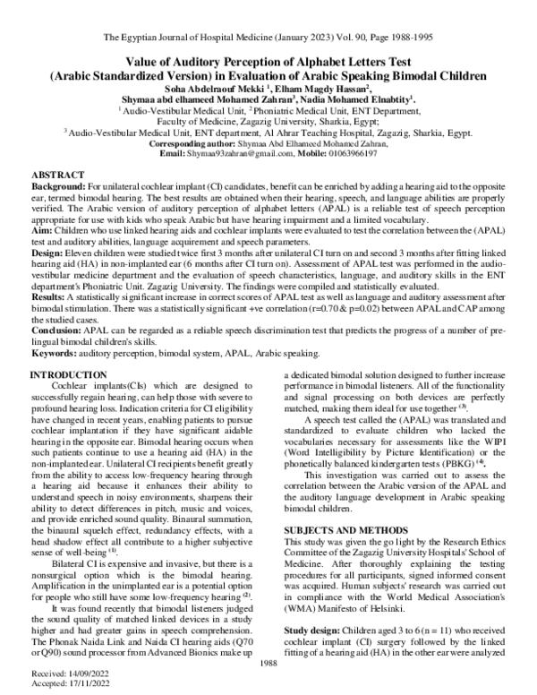 (PDF) Value of Auditory Perception of Alphabet Letters Test (Arabic ...