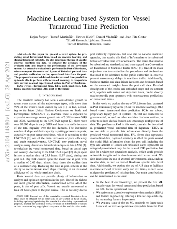 (PDF) Machine Learning based System for Vessel Turnaround Time Prediction