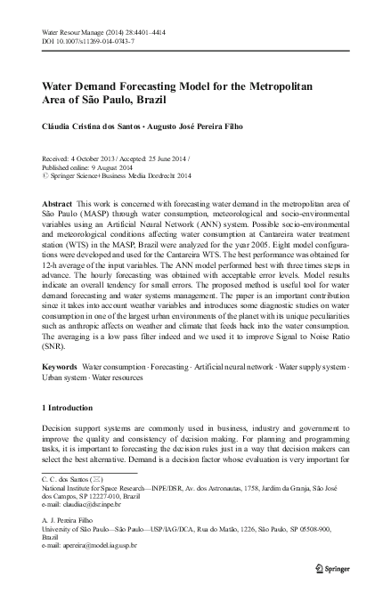 (PDF) Water Demand Forecasting Model for the Metropolitan Area of São ...
