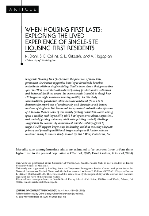 (PDF) When Housing First Lasts: Exploring the Lived Experience of ...