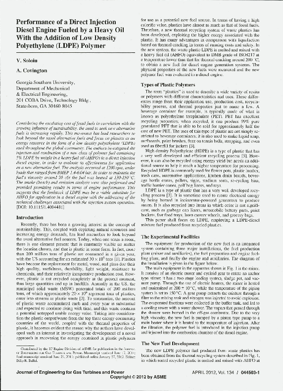 Performance of a Direct Injection Diesel Engine Using Jatropha Diesel ...