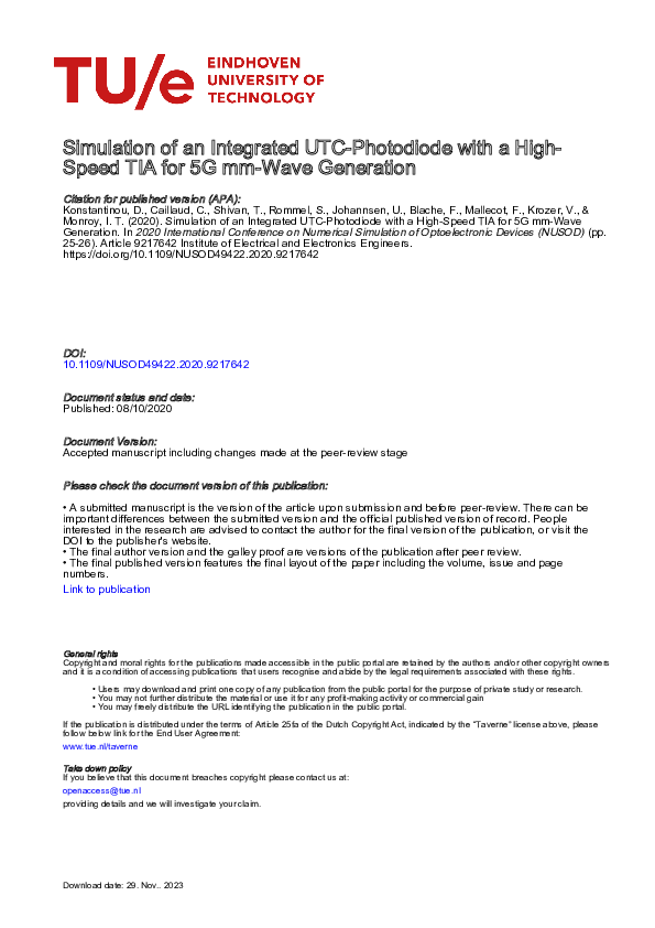 (PDF) Simulation of an Integrated UTC-Photodiode with a High-Speed TIA for 5G mm-Wave Generation