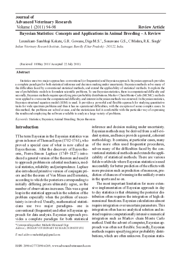 (PDF) Bayesian Statistics: Concepts and Applications in Animal Breeding ...
