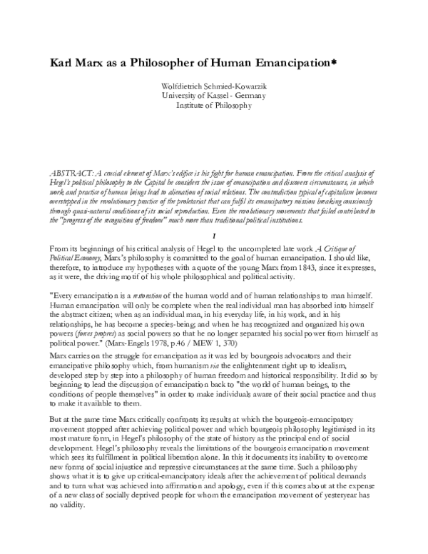 (PDF) Karl Marx as a Philosopher of Human Emancipation
