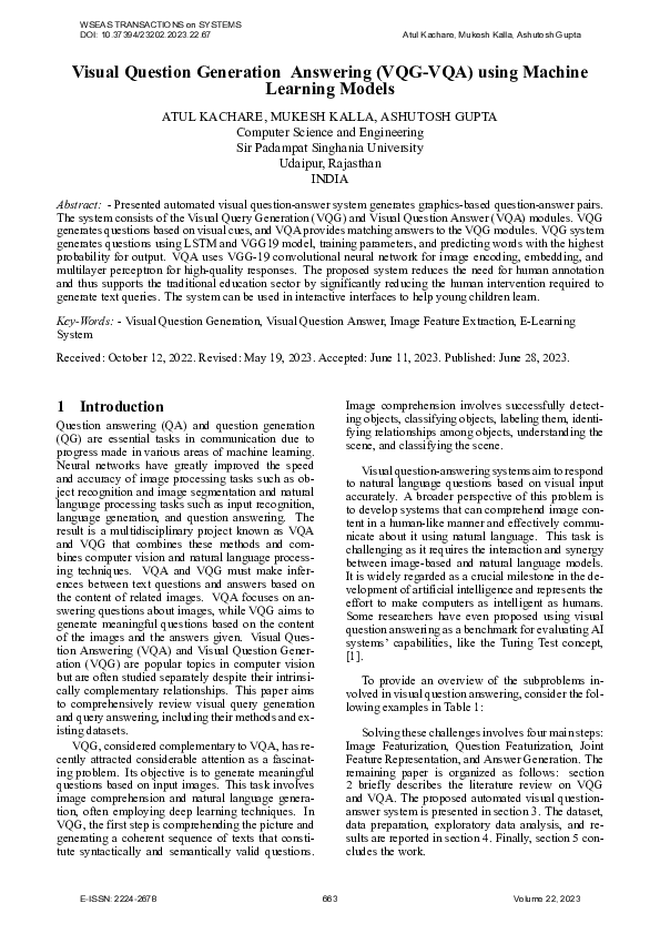 (PDF) Visual Question Generation Answering (VQG-VQA) using Machine Learning Models