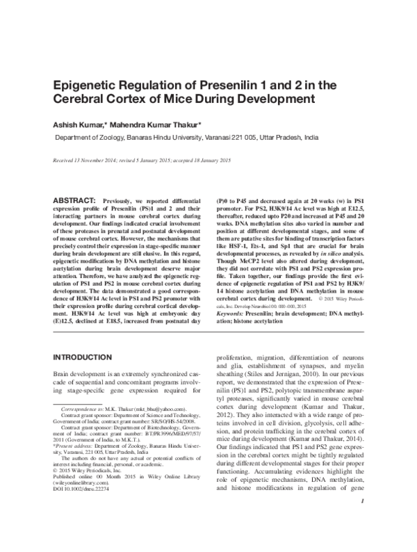 (PDF) Epigenetic regulation of Presenilin 1 and 2 in the cerebral ...