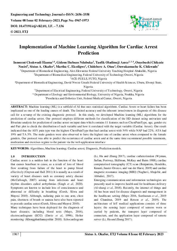 (PDF) Implementation of Machine Learning Algorithm for Cardiac Arrest ...