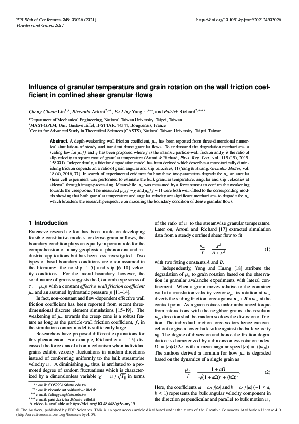 (PDF) Influence of granular temperature and grain rotation on the wall friction coefficient in ...