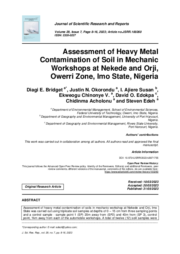 (PDF) Assessment of Heavy Metal Contamination of Soil in Mechanic ...