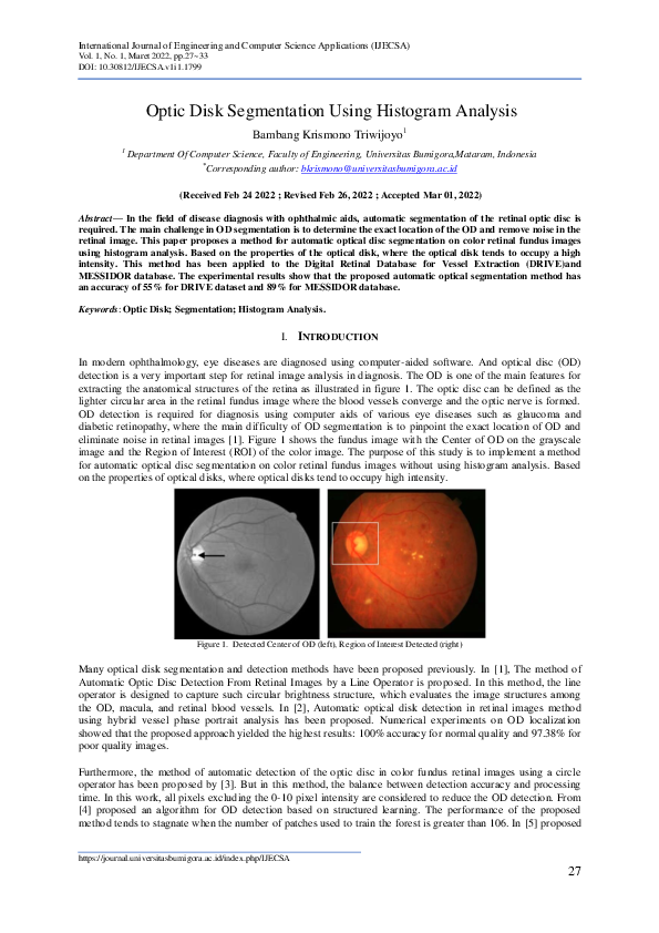 Pdf Optic Disk Segmentation Using Histogram Analysis 5221