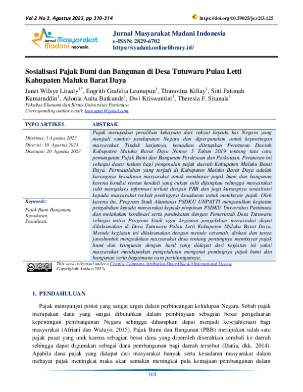 (PDF) Sosialisasi Pajak Bumi dan Bangunan di Desa Tutuwaru Pulau Letti ...