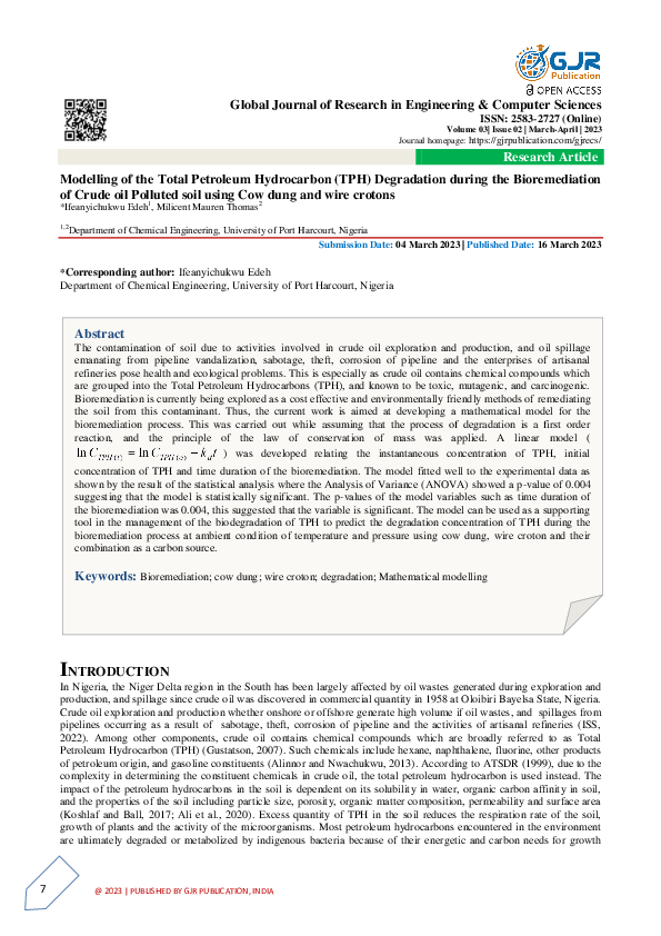 (PDF) Modelling of the Total Petroleum Hydrocarbon (TPH) Degradation ...