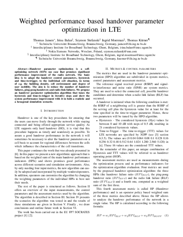(PDF) Weighted Performance Based Handover Parameter Optimization in LTE