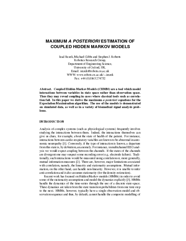 Pdf Maximum A Posteriori Estimation Of Coupled Hidden Markov Models Iead Rezek