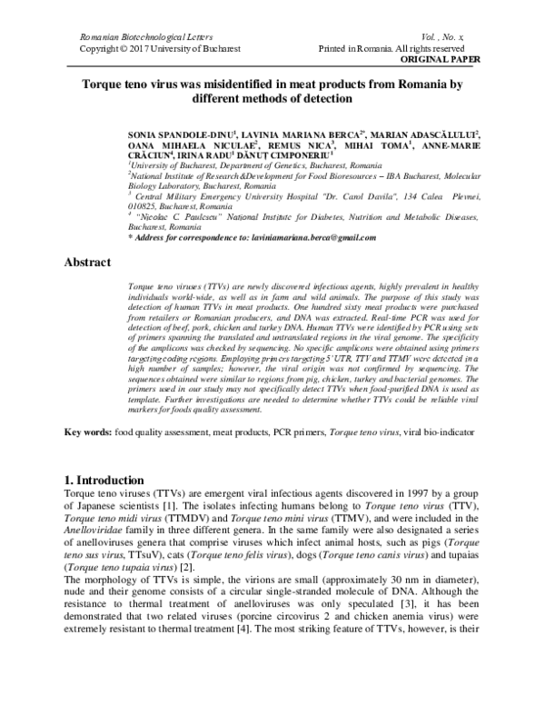(PDF) Torque teno virus was misidentified in meat products from Romania ...