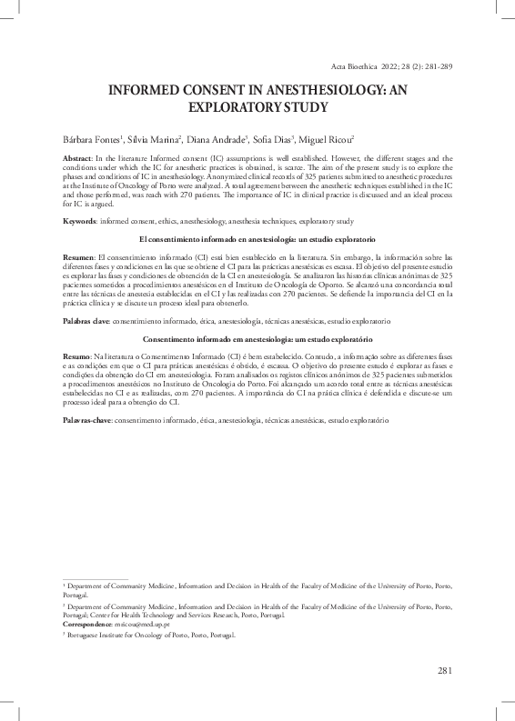 (PDF) Informed consent in anesthesiology: An exploratory study