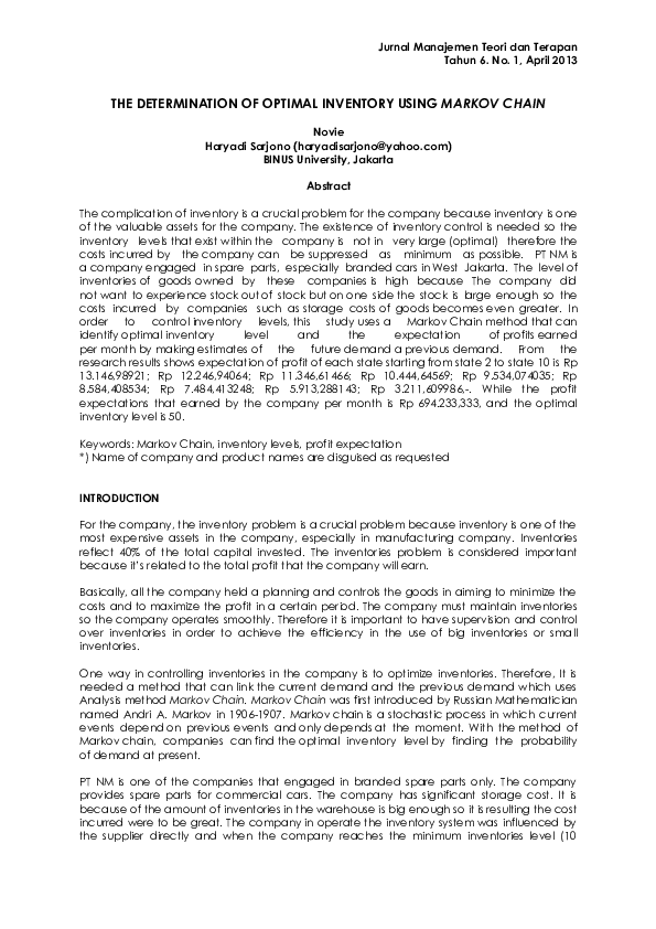 (PDF) The determination of optimal inventory usingMarkov Chain
