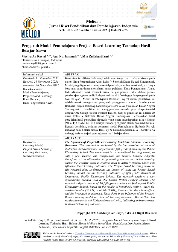 (PDF) Pengaruh Model Pembelajaran Project Based Learning Terhadap Hasil Belajar Siswa