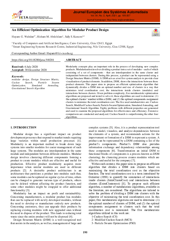 (PDF) An Efficient Optimization Algorithm for Modular Product Design