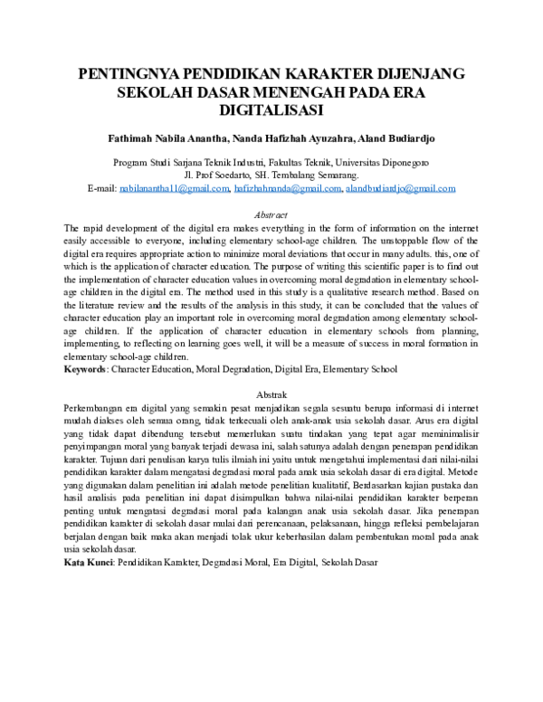 (DOC) PENTINGNYA PENDIDIKAN KARAKTER DIJENJANG SEKOLAH DASAR MENENGAH PADA ERA DIGITALISASI