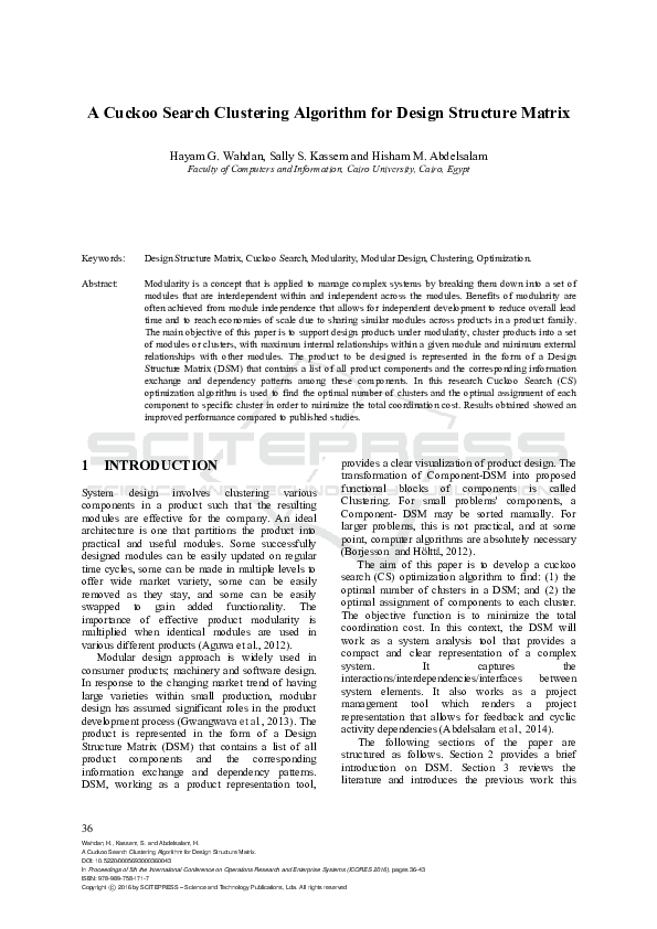Pdf A Cuckoo Search Clustering Algorithm For Design Structure Matrix