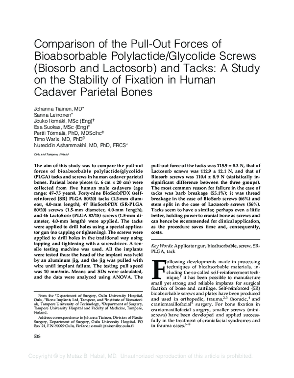 (PDF) Comparison of the Pull-Out Forces of Bioabsorbable Polylactide ...