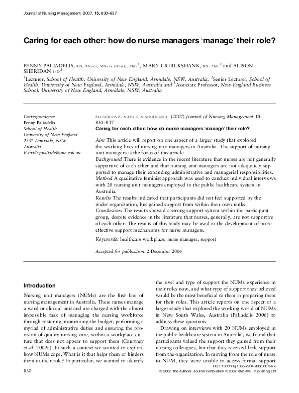 (PDF) Caring for each other: how do nurse managers ‘manage’ their role? | Alison Sheridan ...