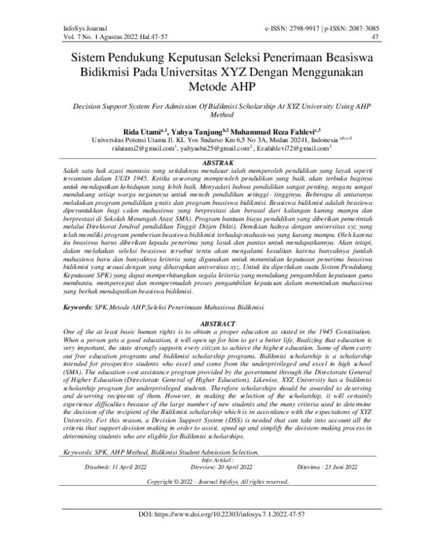 (PDF) Sistem Pendukung Keputusan Seleksi Penerimaan Beasiswa Bidikmisi Pada Universitas Xyz ...